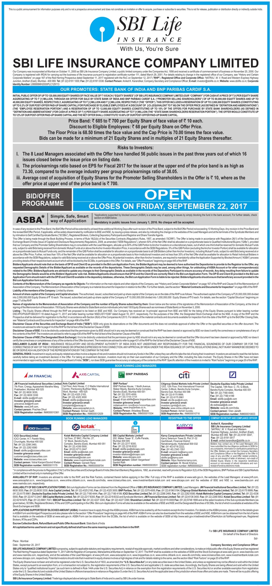 Sbi Life Insurance Company Limited Bid Offer Programme Ad Advert Gallery Sbi Life Insurance Company Limited Bid Offer Programme Ad Advert Gallery