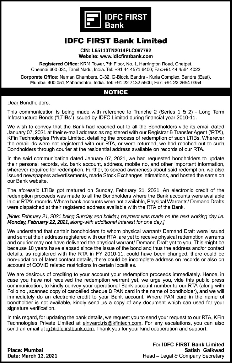 Idfc First Bank Limited Notice Ad Advert Gallery Idfc First Bank Limited Notice Ad Advert Gallery